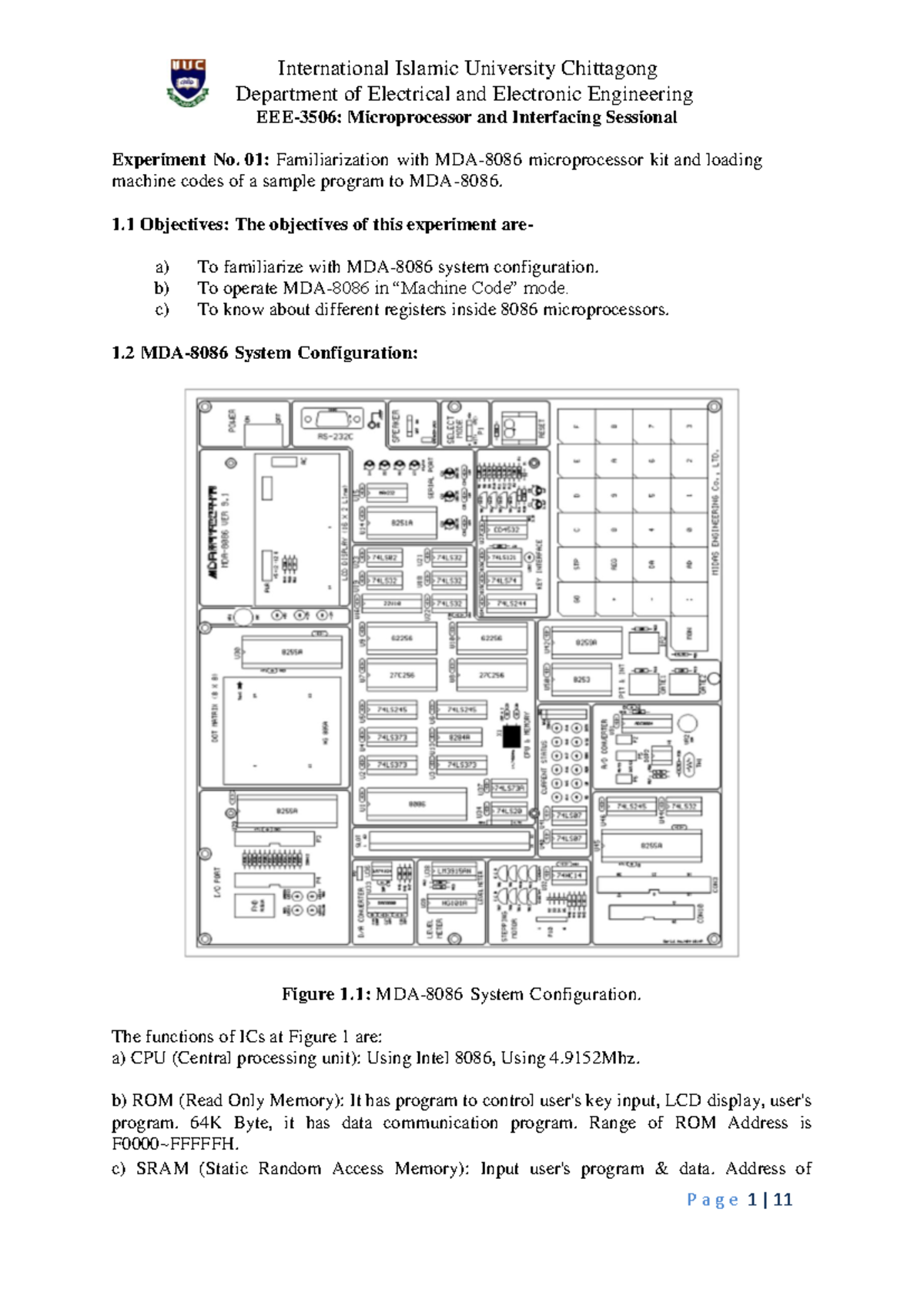 EEE-3506: Experiment 01 - Familiarization with MDA-8086 Microprocessor Kit - Studocu