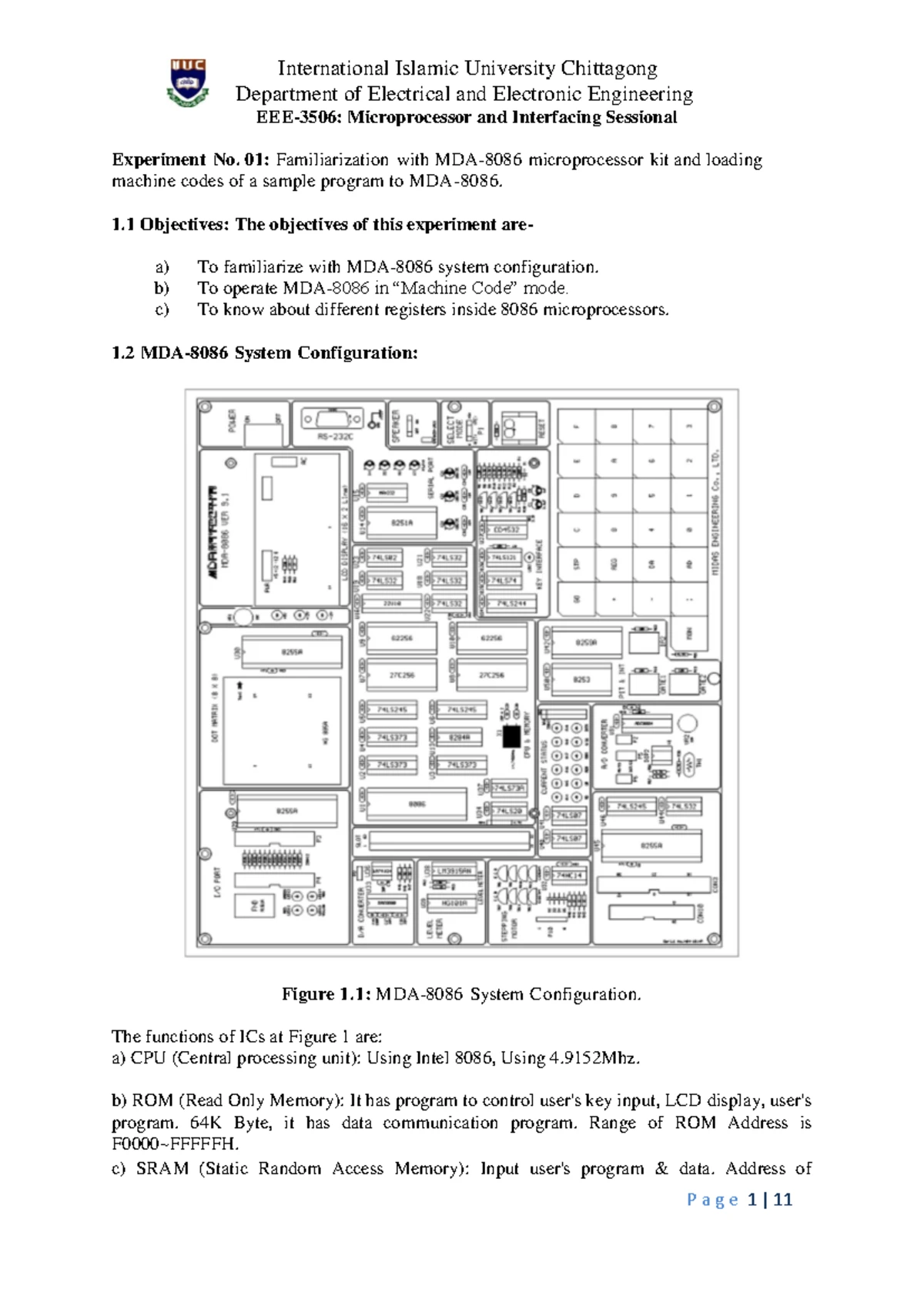 EEE-3506 Experiment 01: MDA-8086 Microprocessor Familiarization - Studocu