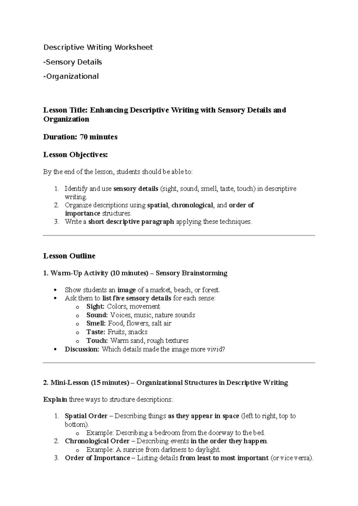 ENG 101: Descriptive Writing Lesson - Sensory Details & Organization ...