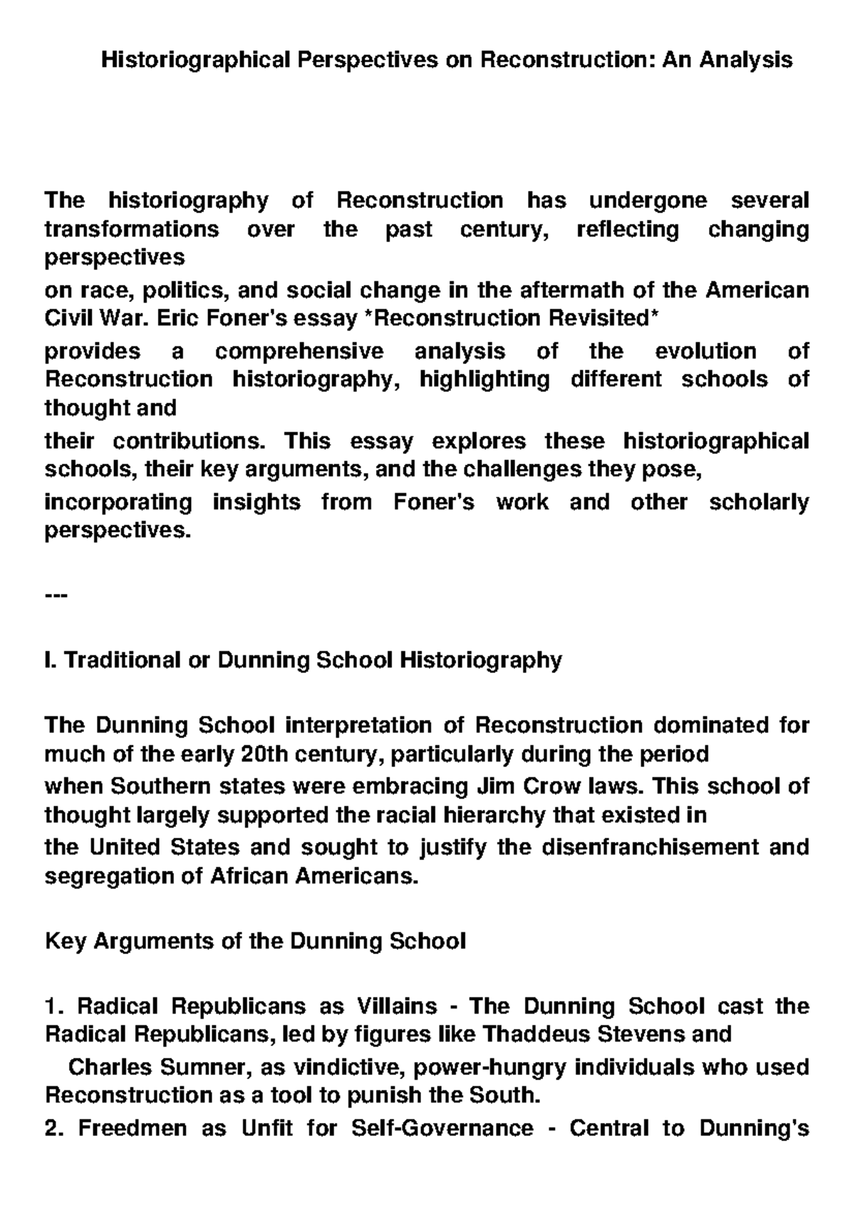 Historiographical Perspectives on Reconstruction: An Analysis - Studocu