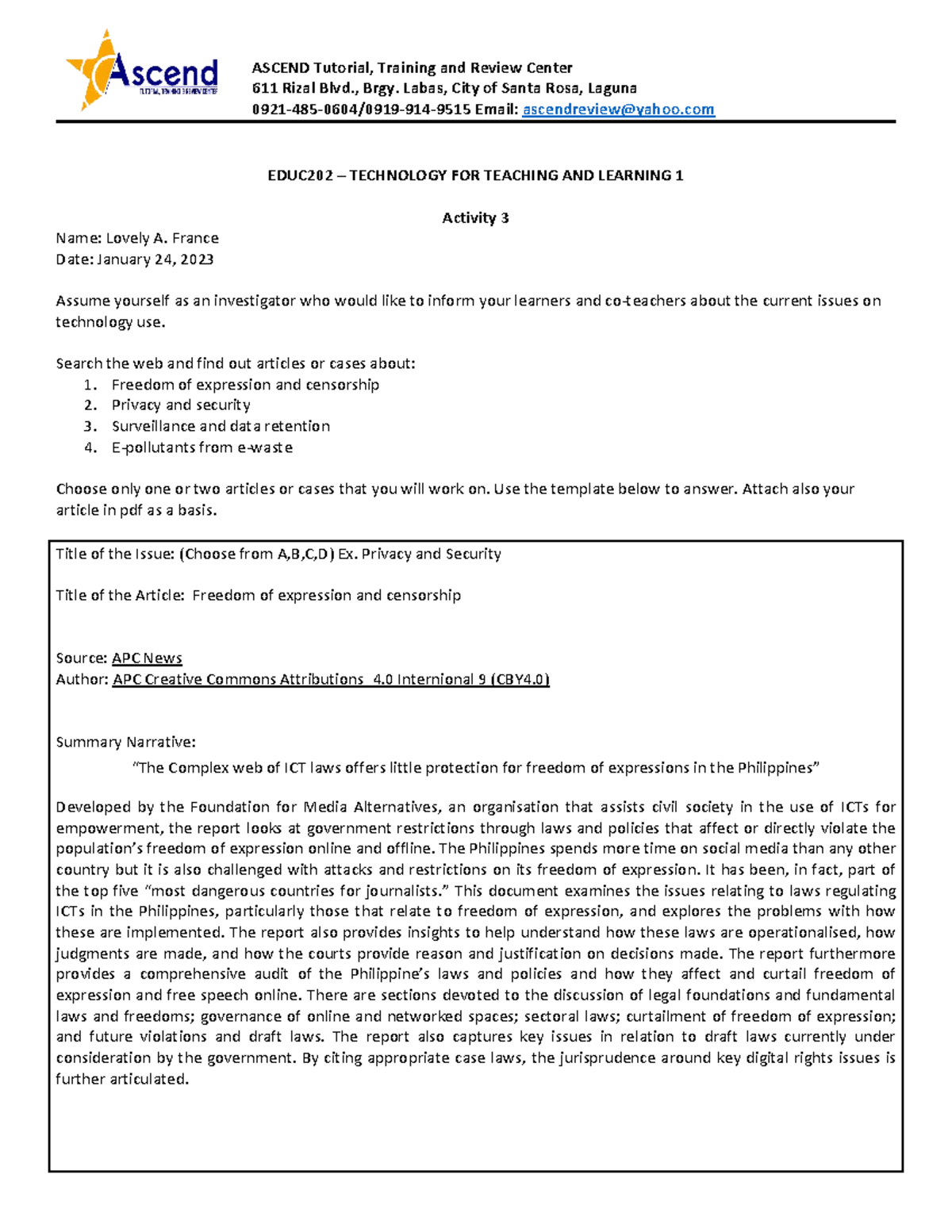 Activity 3-France Lovely - ASCEND Tutorial, Training and Review Center 611 Rizal Blvd., Brgy ...