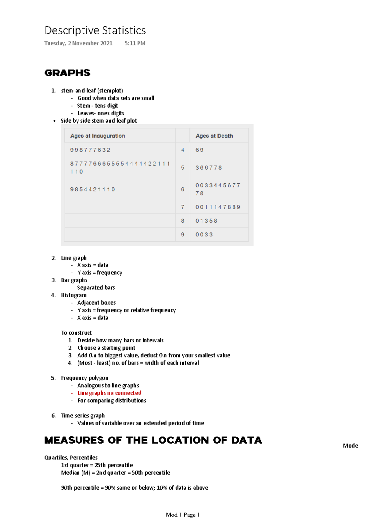 Descriptive Statistics Summary - stem-and-leaf (stemplot) - Good when ...