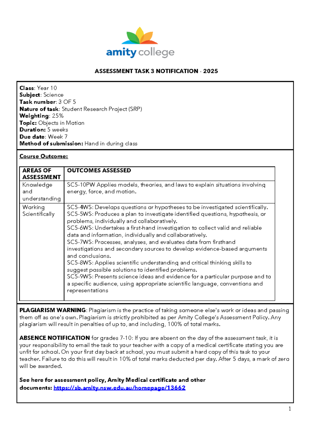 Year 10 Science Task 3 Notification: Student Research Project (SRP ...
