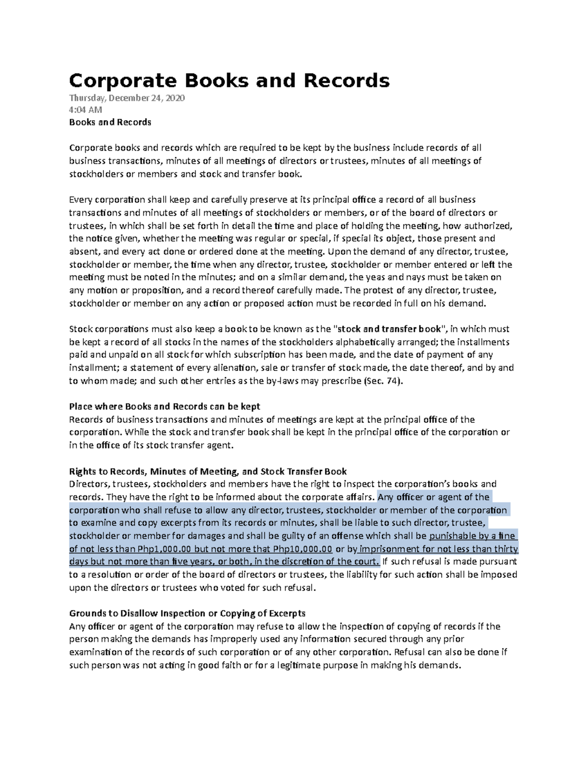 Corporate Books and Records - Corporate Books and Records Thursday ...