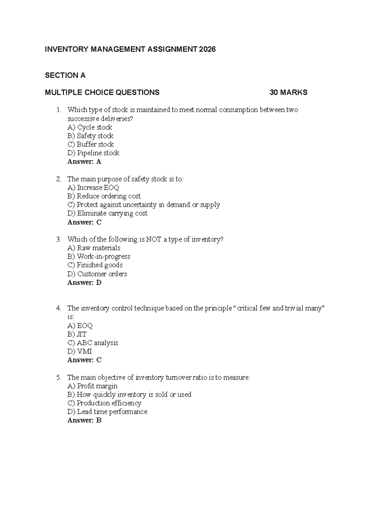 INVENTORY MANAGEMENT ASSIGNMENT 2026: MCQ & Case Study Analysis - Studocu