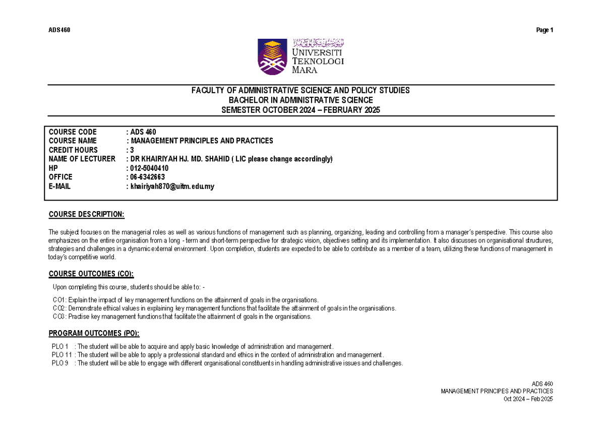 ADS 460 Management Principles & Practices Syllabus (Oct 2024 - Feb 2025 ...
