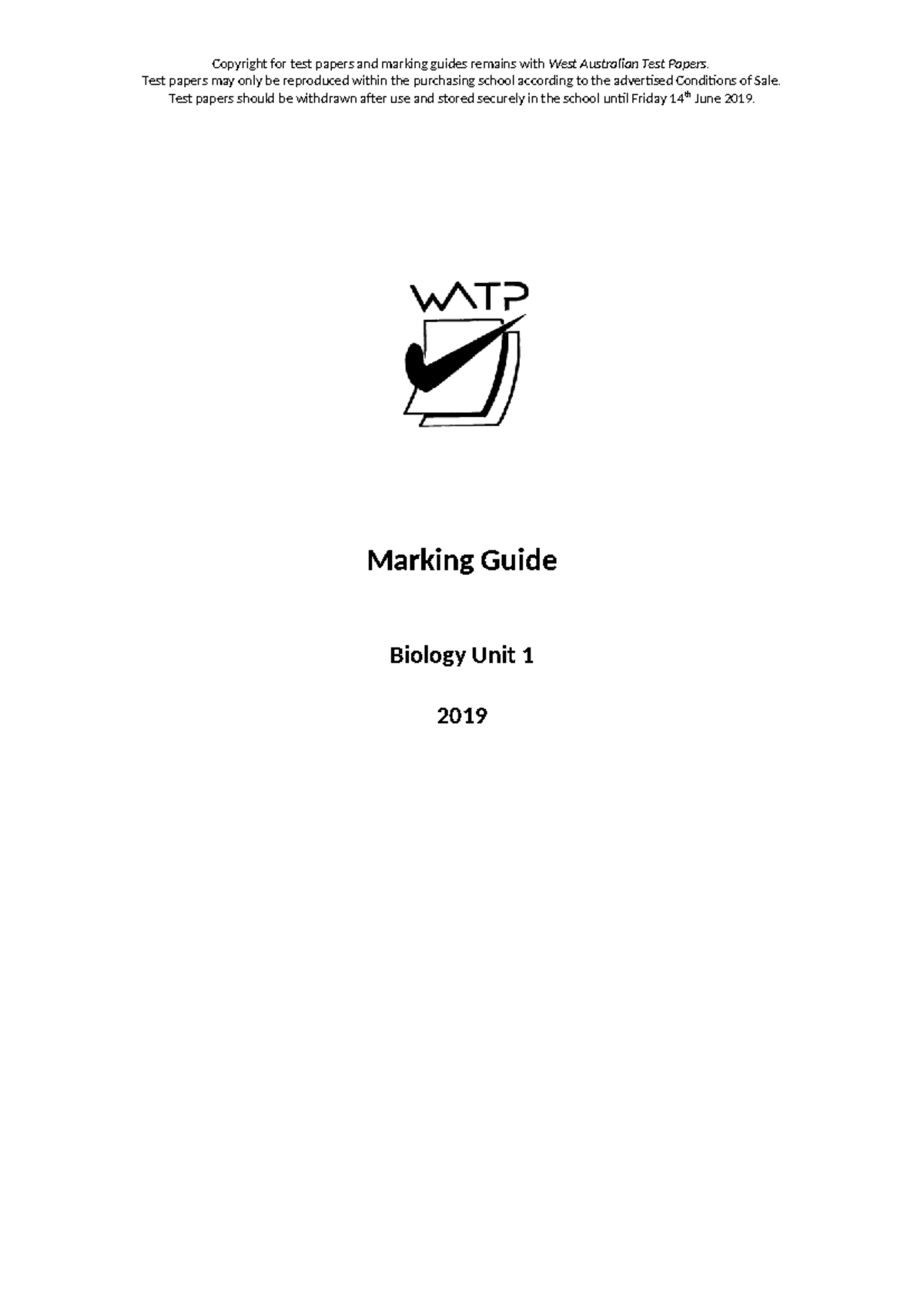 2019 Biology Unit 1 Marking Guide: Test Paper & Answers - Studocu