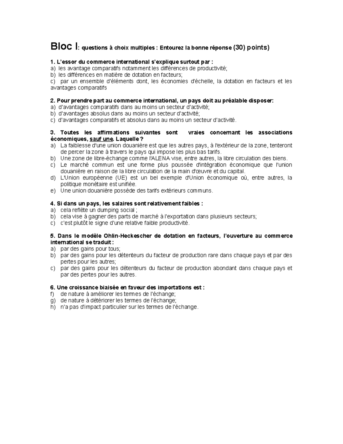 ECN2700: Questions à Choix Multiples sur le Commerce International ...