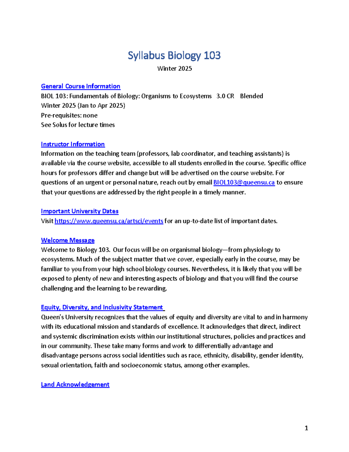 BIOL 103 Winter 2025 Syllabus: Fundamentals of Biology Overview - Studocu