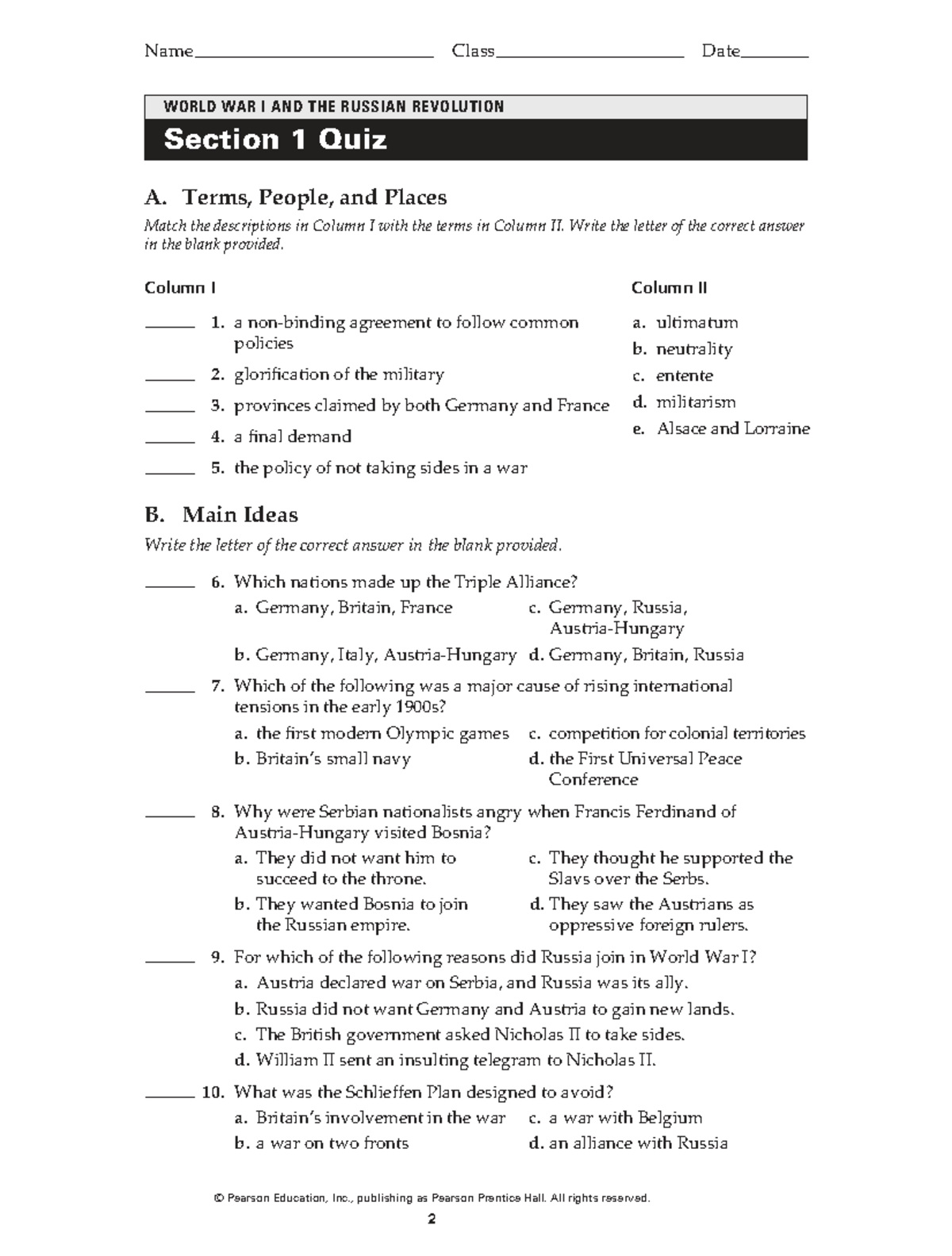 WORLD WAR I & RUSSIAN REVOLUTION Quiz A - Key Terms & Ideas - Studocu