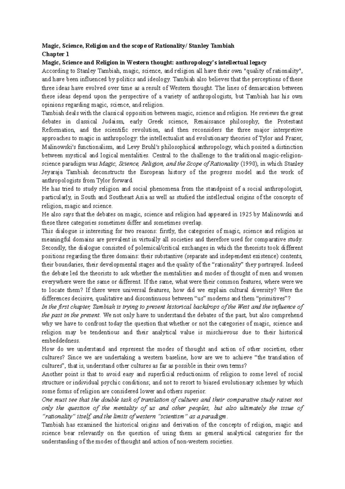 Tambiah's Magic, Science & Religion: Chapter 1 Summary Analysis - Studocu