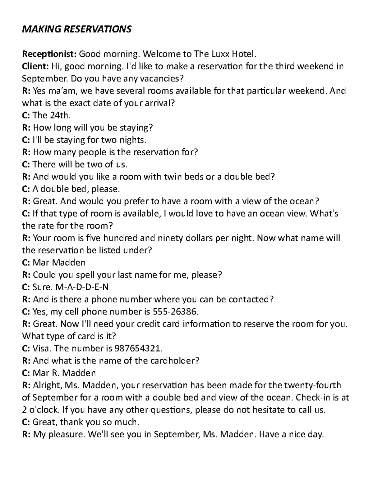 Making Reservations and Check-in Process Script - Studocu