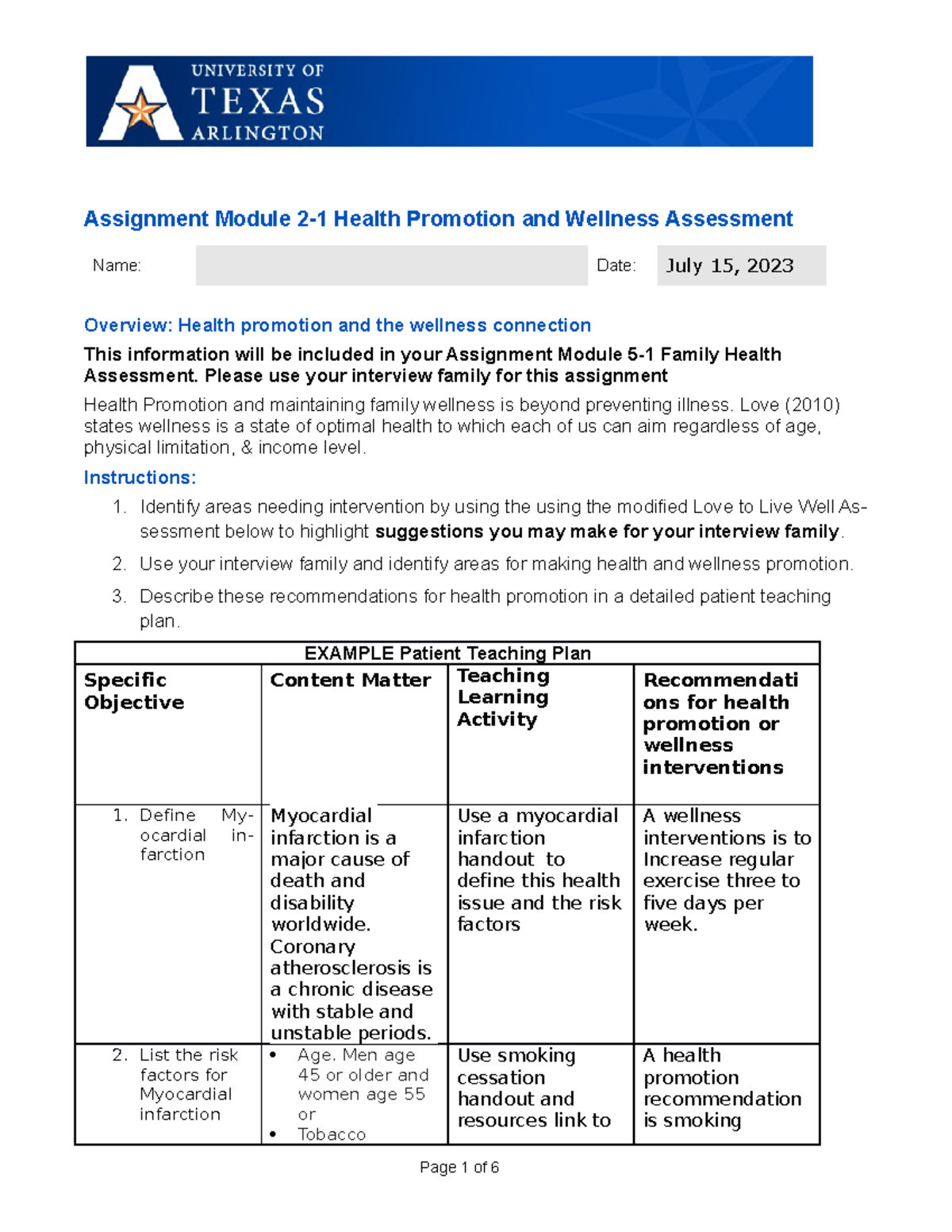 N3352 Assignment Module 2-1: Wellness & Health Promotion Assessment ...