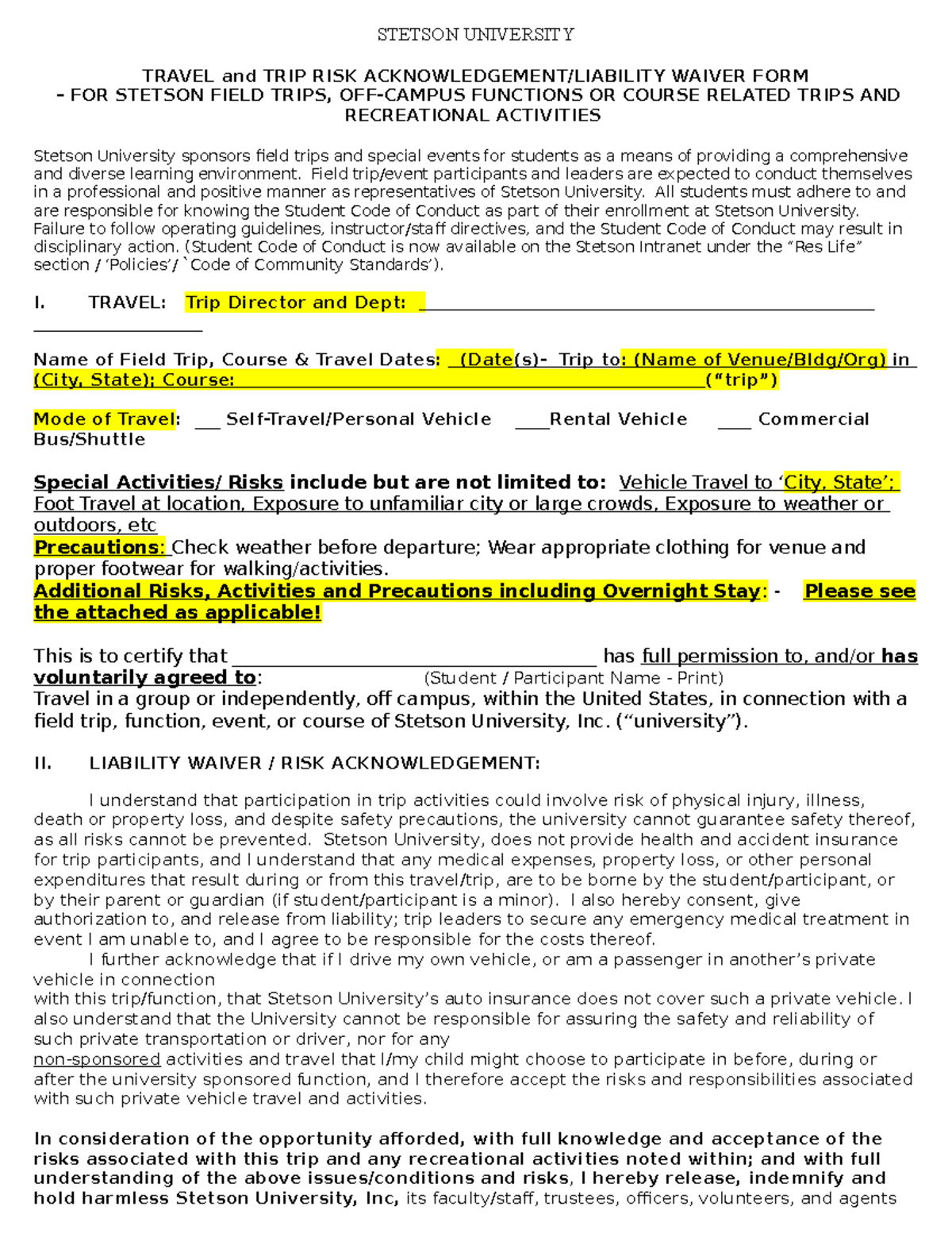 Travel and trip risk acknowledgement liability waiver form - STETSON ...