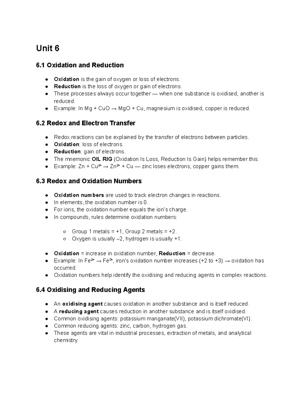 Chemistry Chapter 6: Oxidation and Reduction Processes - Studocu