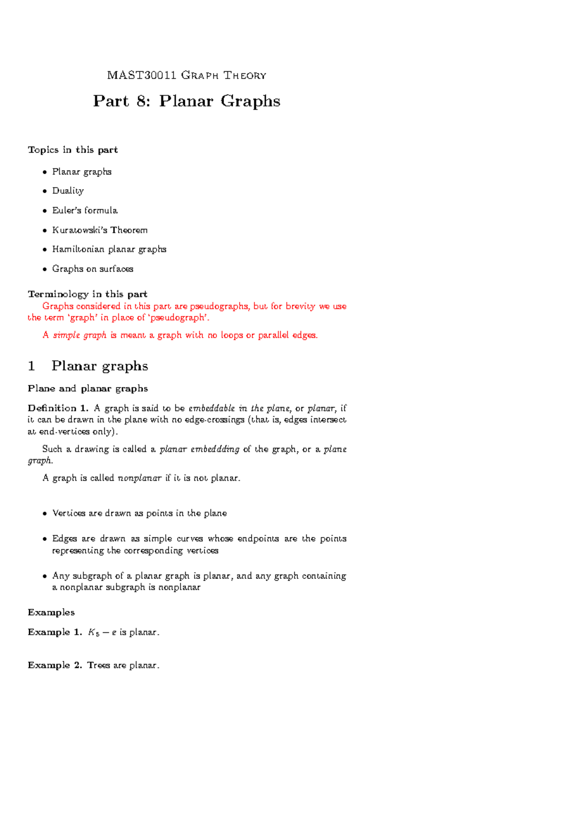 MAST30011 Graph Theory: Part 8 - Planar Graphs Notes - Studocu