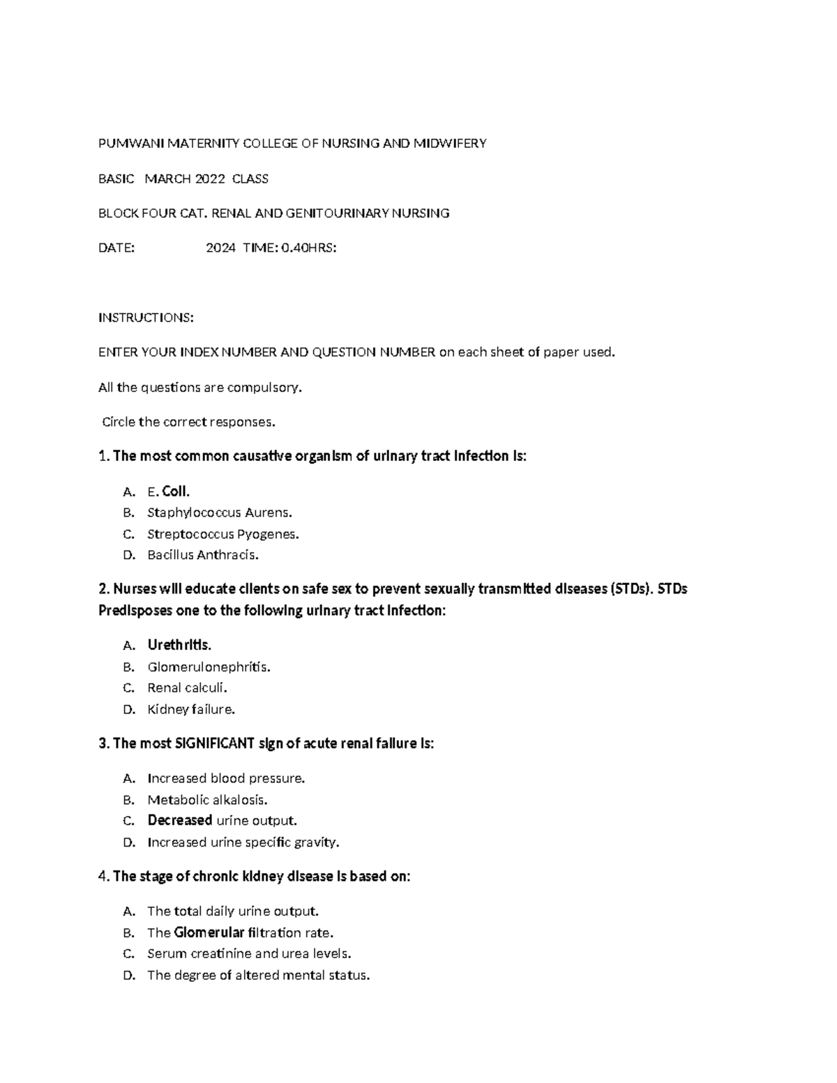 PUMWANI NURSING MCQs: Urinary Tract Infections - Basic March 2022 - Studocu