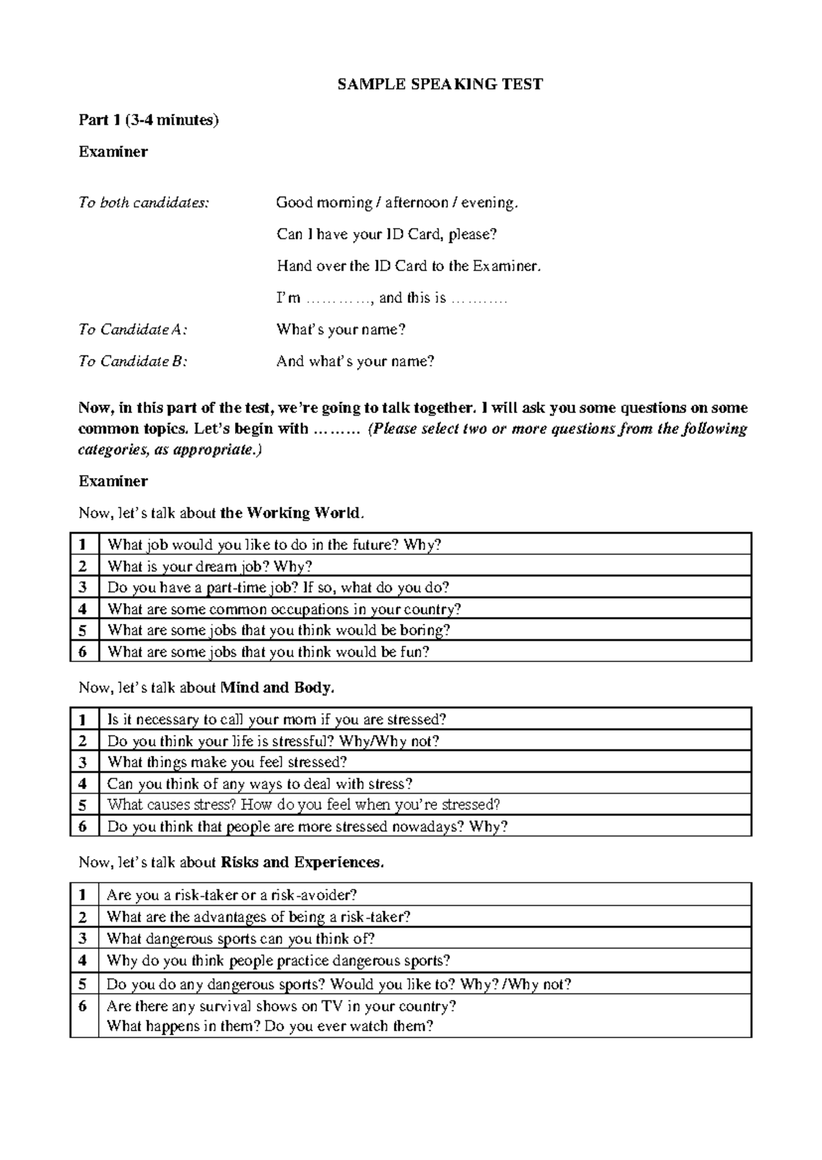Sample Speaking Test for Candidates - Studocu
