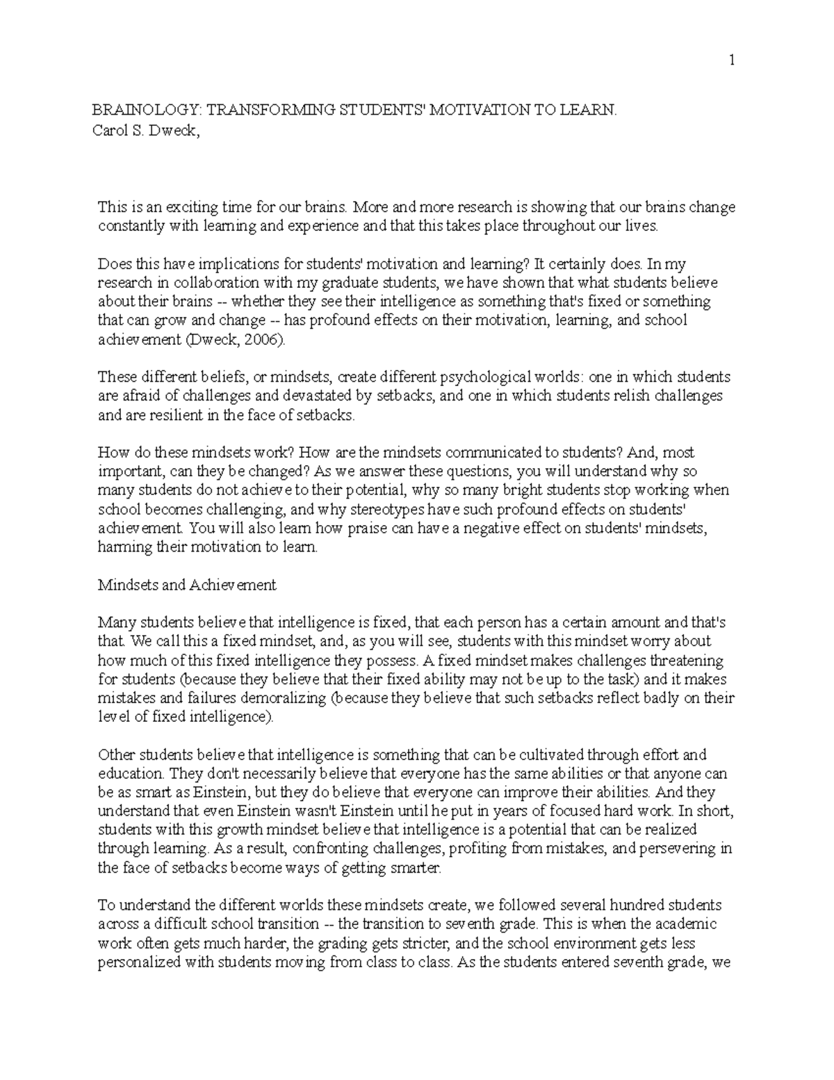 Brainology - excellence - BRAINOLOGY: TRANSFORMING STUDENTS' MOTIVATION ...