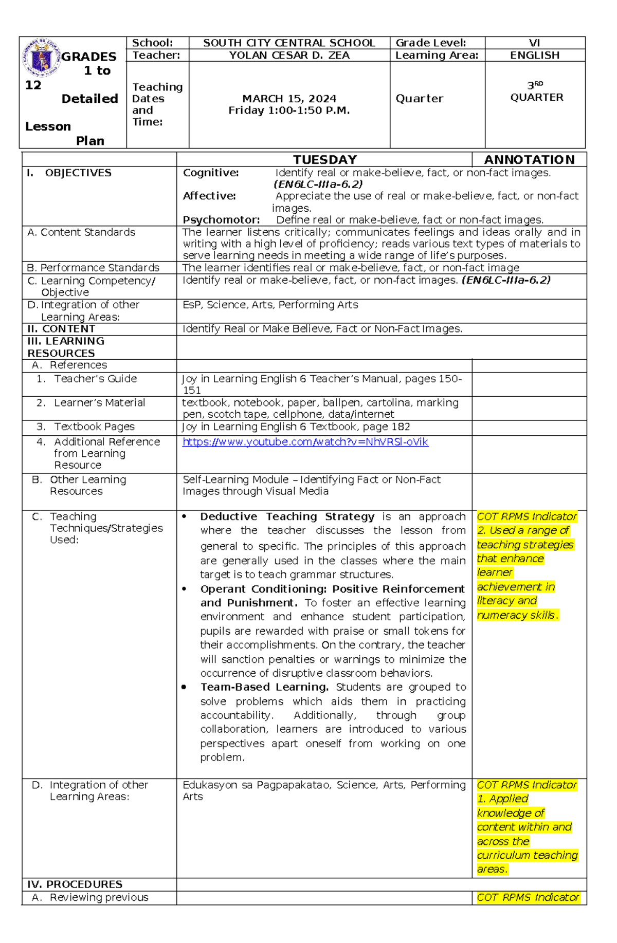 12 GRADES VI ENGLISH Detailed Lesson Plan: Real or Make Believe - Studocu