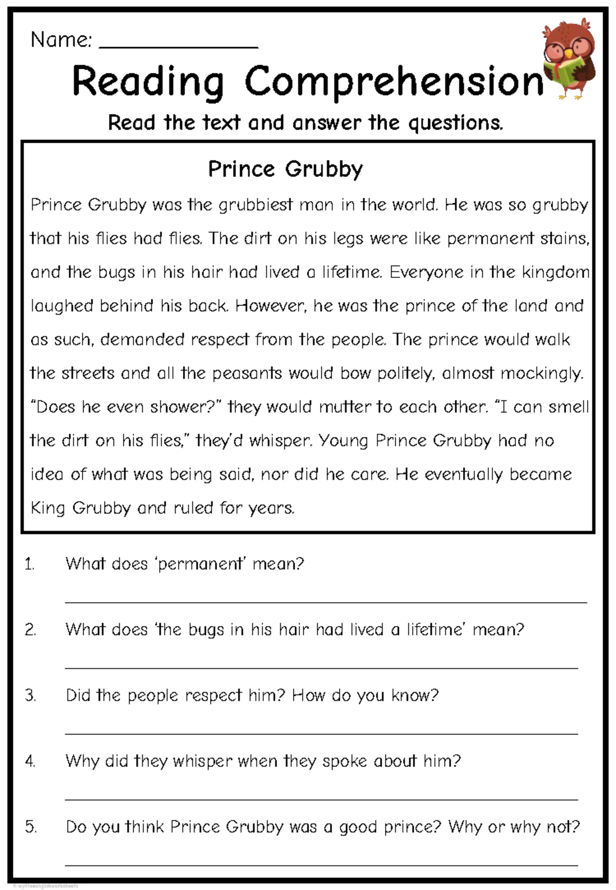 Reading Comprehension Grade 3: Prince Grub Questions & Answers - Studocu