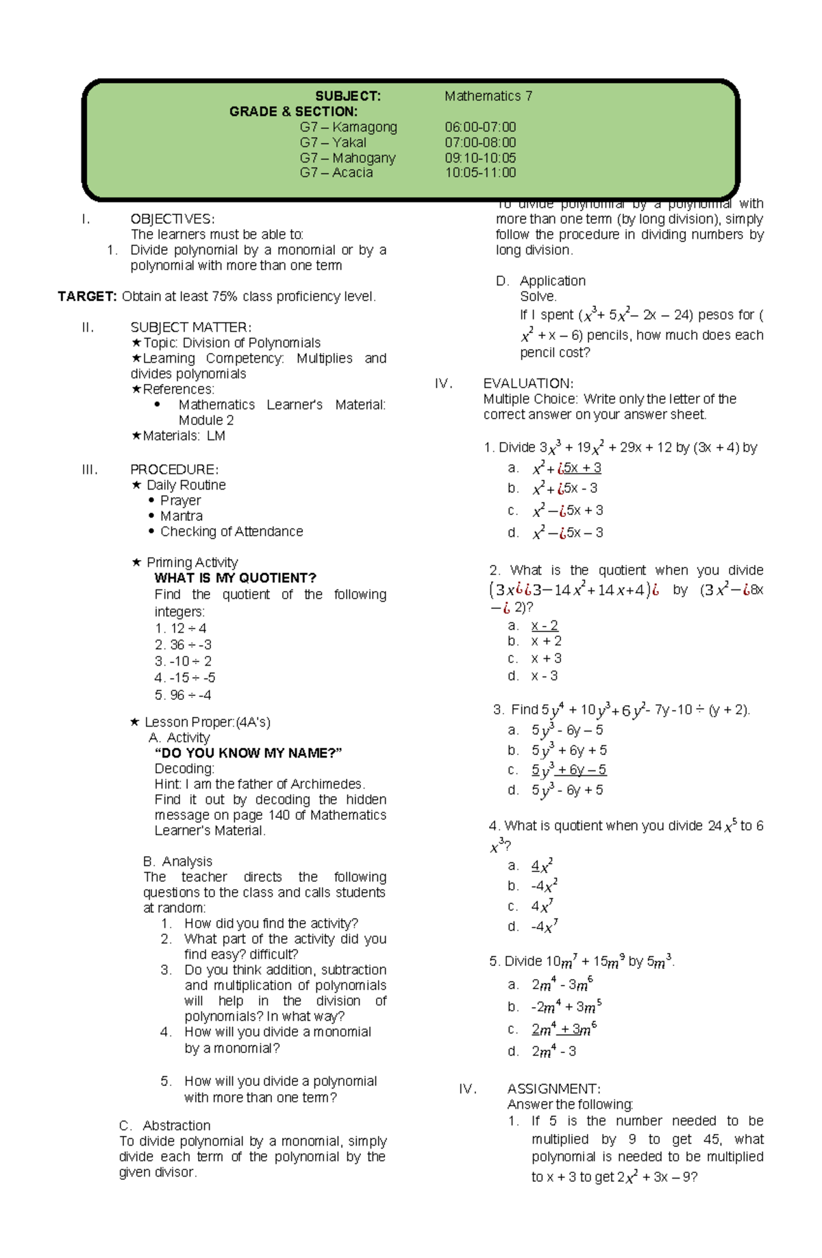 Mathematics 7: Division of Polynomials Lesson G7 - Studocu