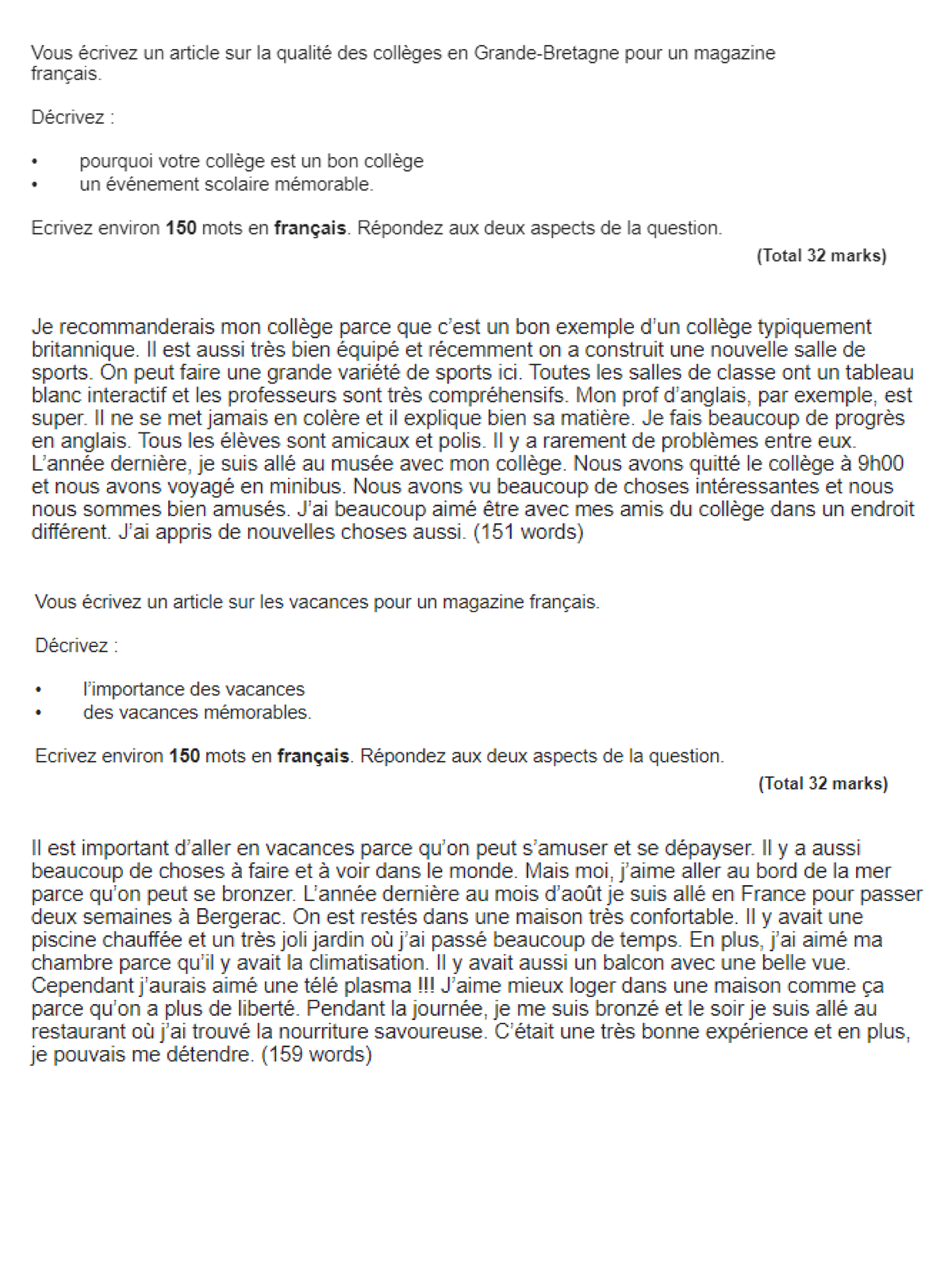 150 Word Model Answers for French Magazine Articles and Reviews - Studocu