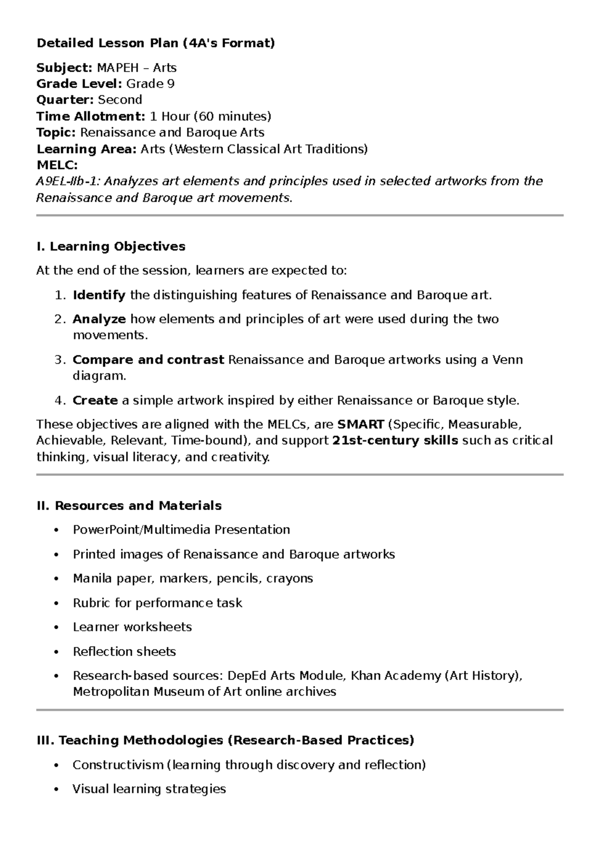 Valencia LP 2025: Detailed Lesson Plan on Renaissance & Baroque Arts ...