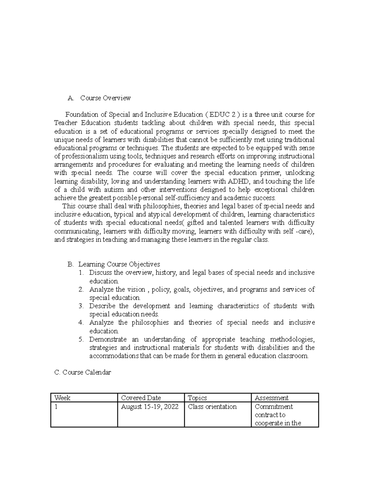 Module 1 SPED 1 - A. Course Overview Foundation of Special and Inclusive Education ( EDUC 2 ) is ...