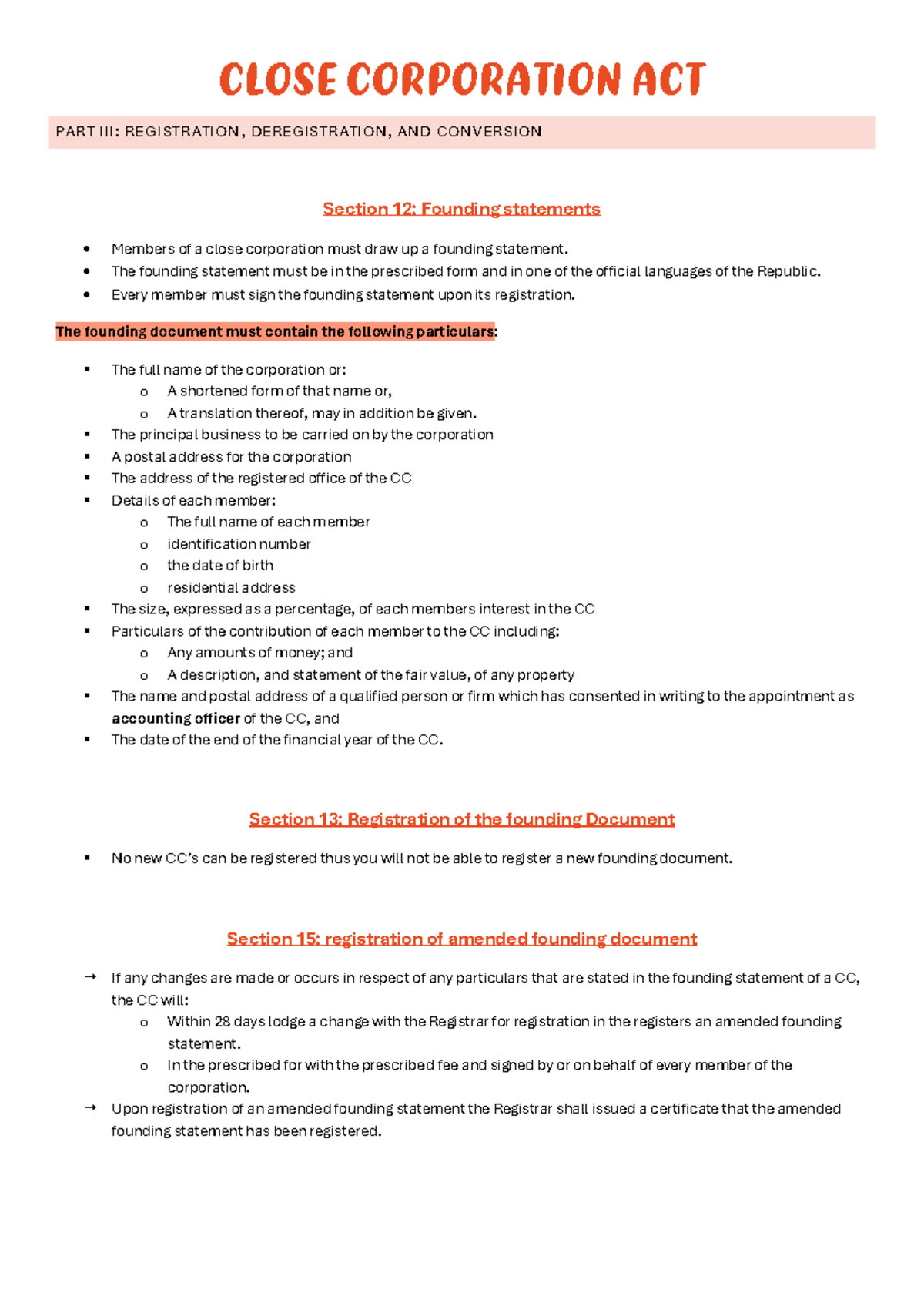 Close Corporation Act - Detailed Study Notes on Registration ...