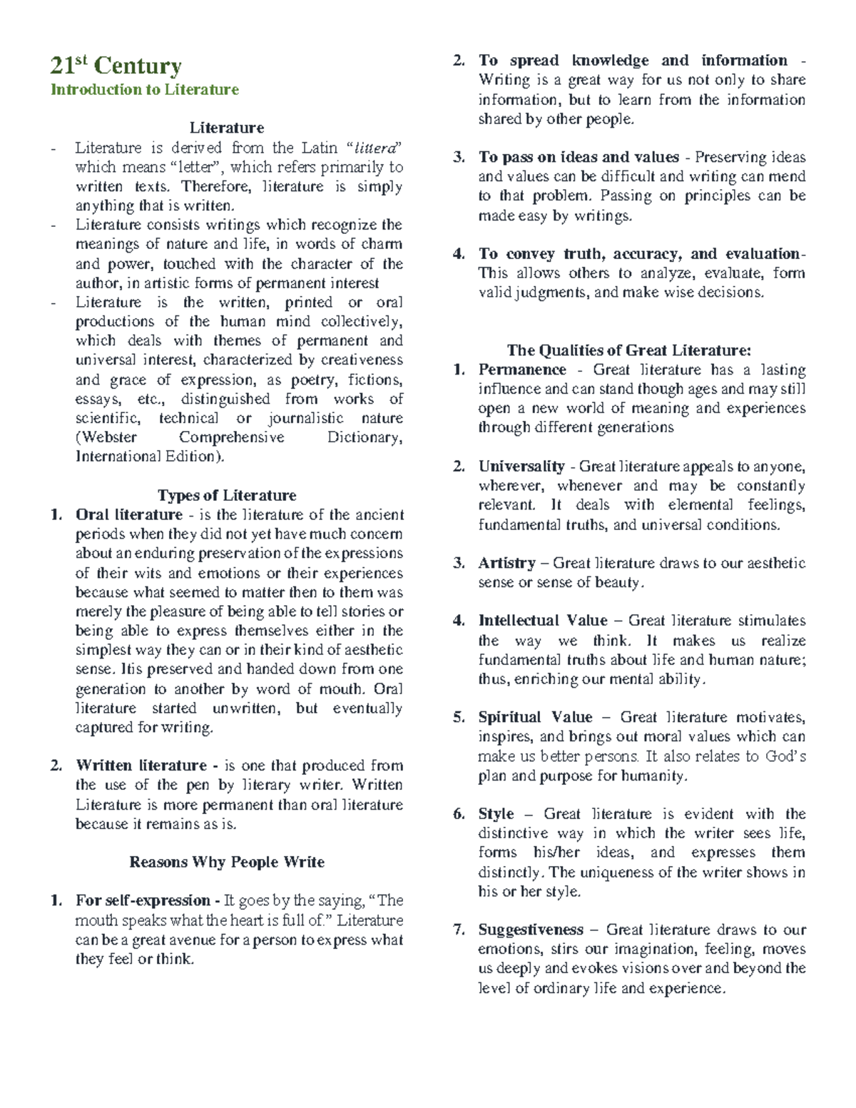 21st Century Literature Overview: Key Concepts and Types - Studocu