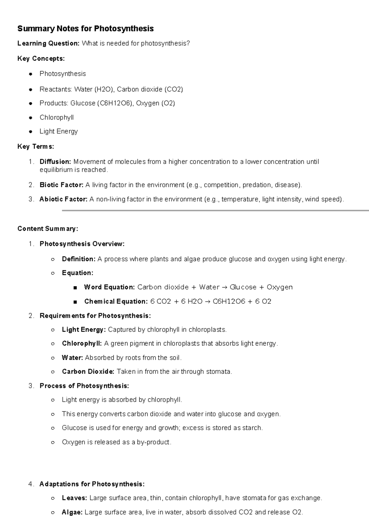 Summary Notes on Photosynthesis Concepts and Exam Tips - Studocu