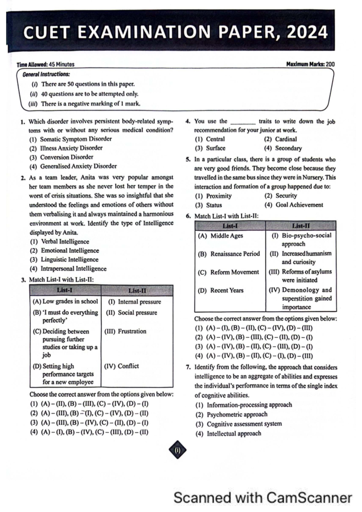 CUET 2024 Sample Exam Paper: Psychology Questions and Answers - Studocu