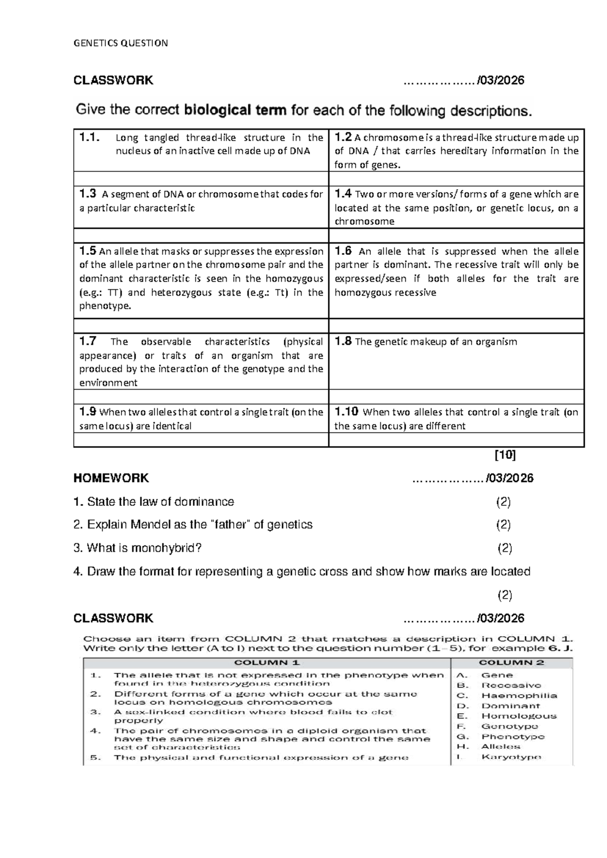 GEN 101: Genetics Classwork - Understanding Dominance and Alleles - Studocu
