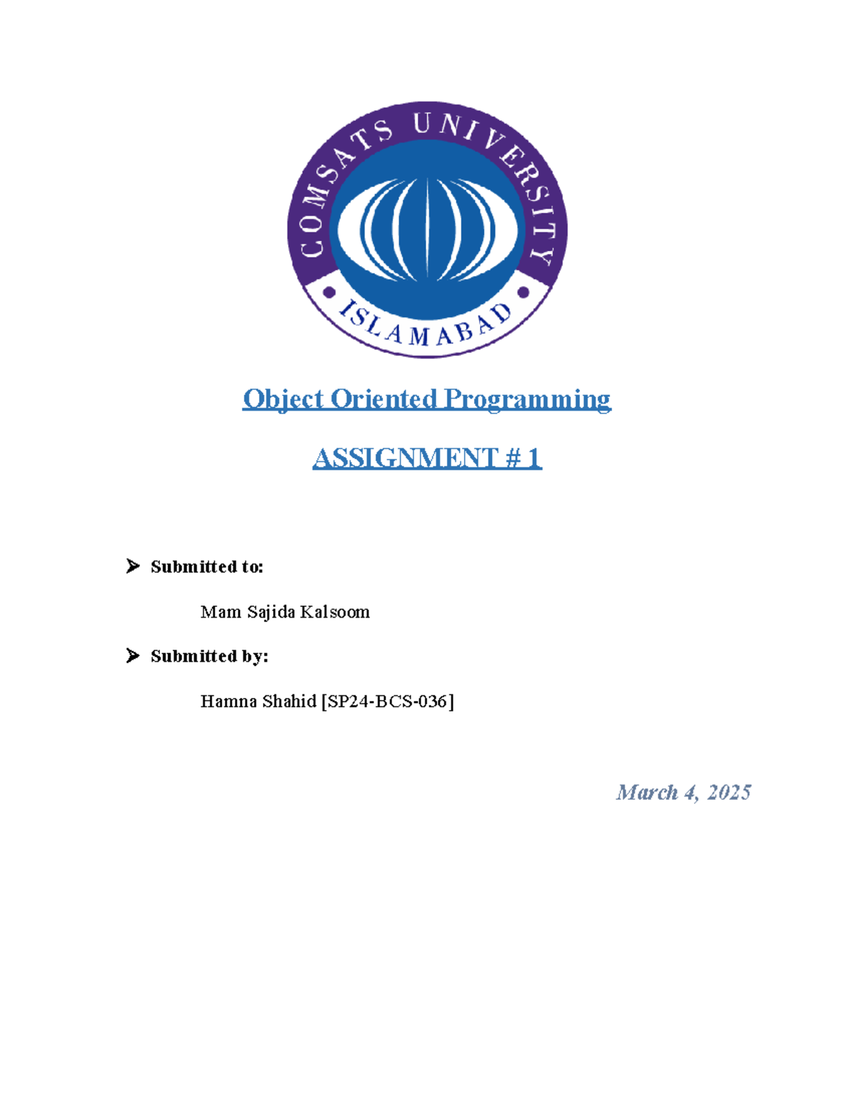 Assignment 1 OOP solution - Object Oriented Programming ASSIGNMENT # 1 ...