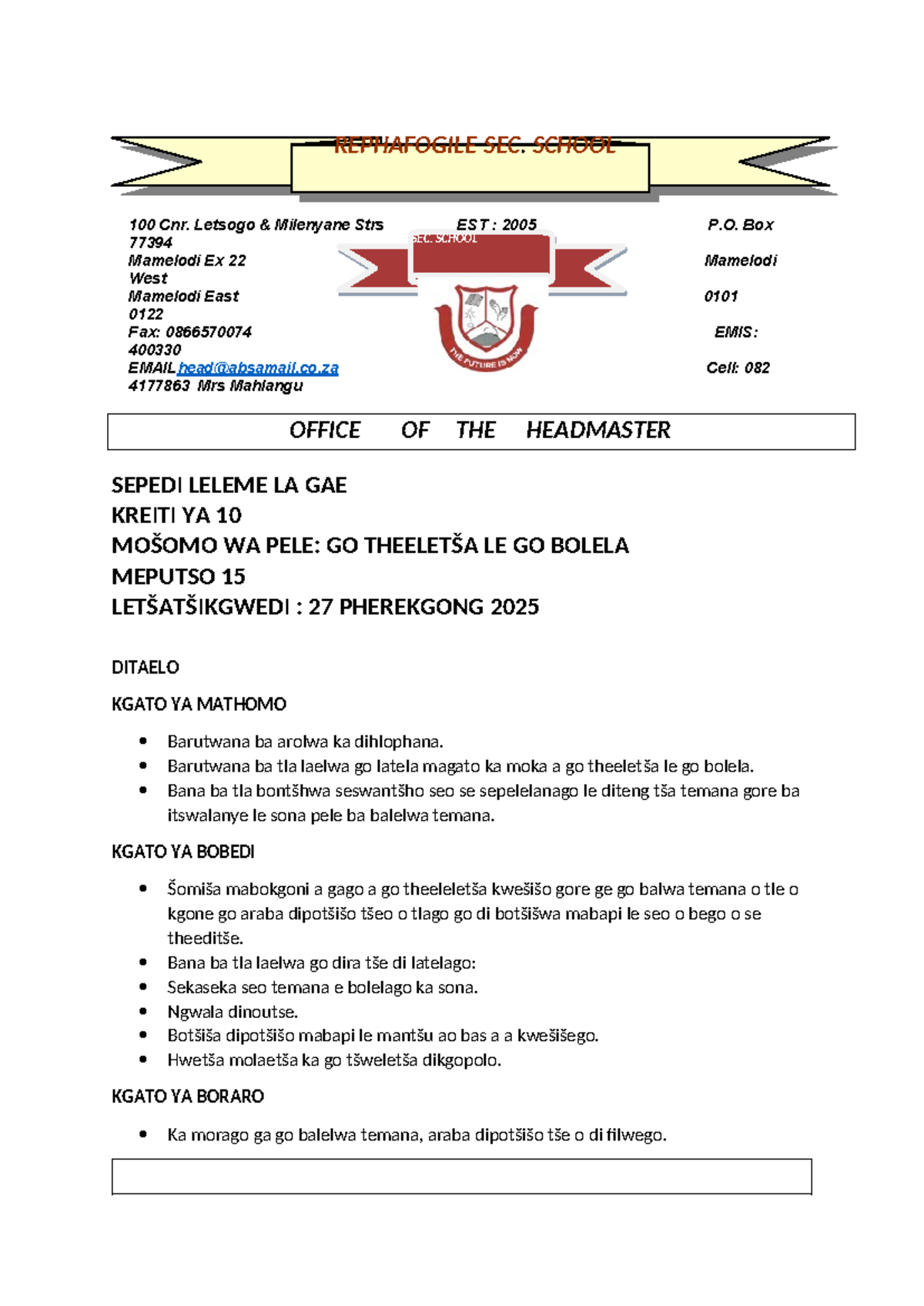 SEPEDI LELEME LA GAE: KREITI YA 10 - MOŠOMO WA PELE ESSAY NOTES - Studocu