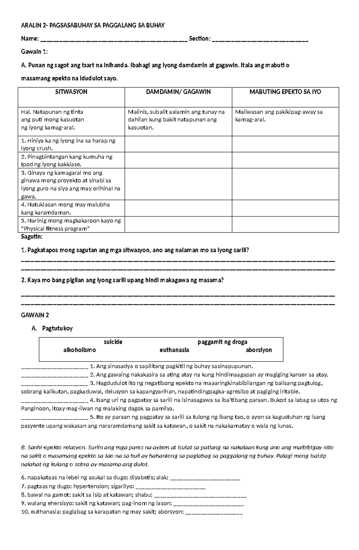 ESP 10 - ESP 10 ACTIVITY - ARALIN 2- PAGSASABUHAY SA PAGGALANG SA BUHAY ...