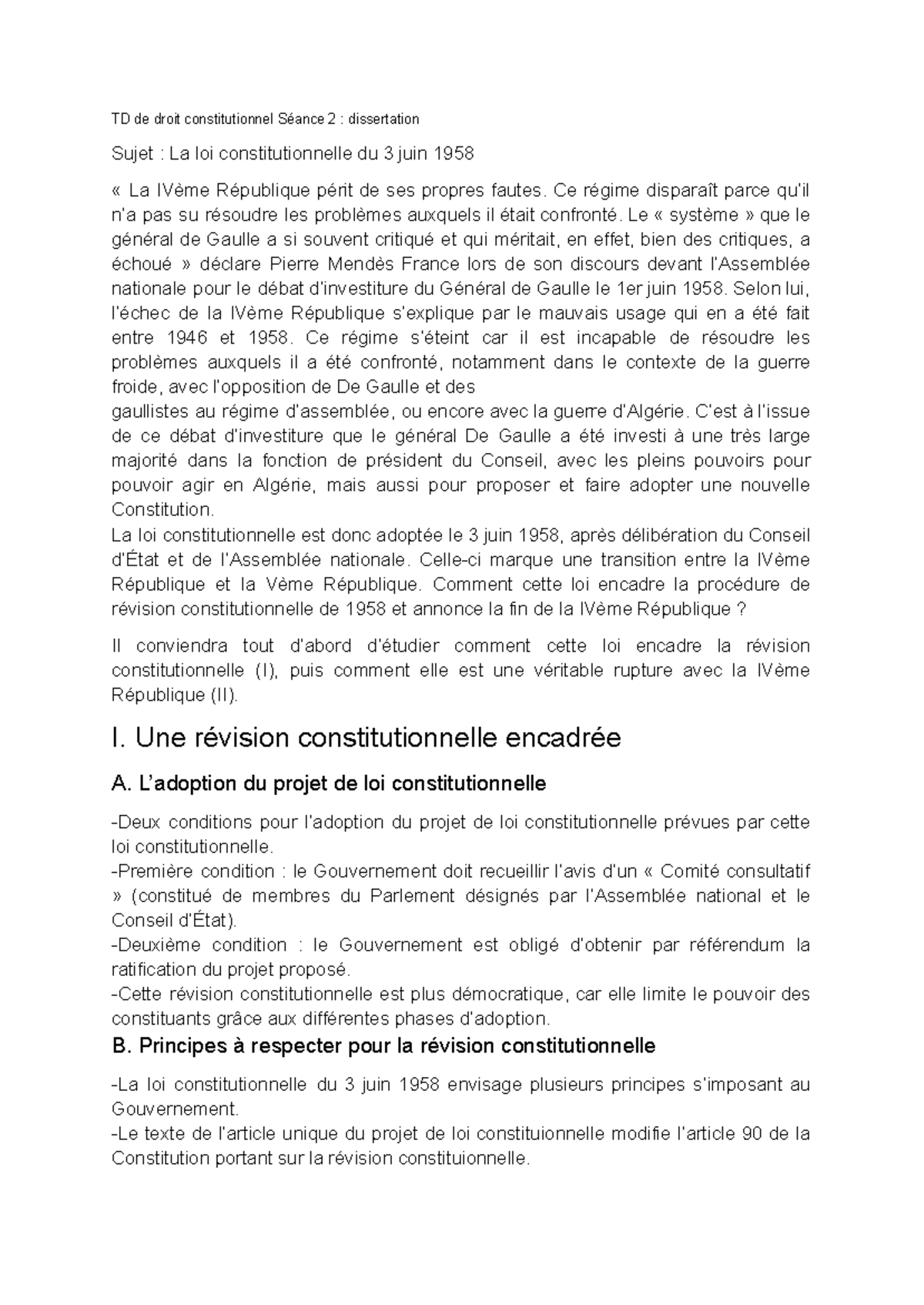 Analyse de la loi constitutionnelle du 3 juin 1958 : TD de droit ...