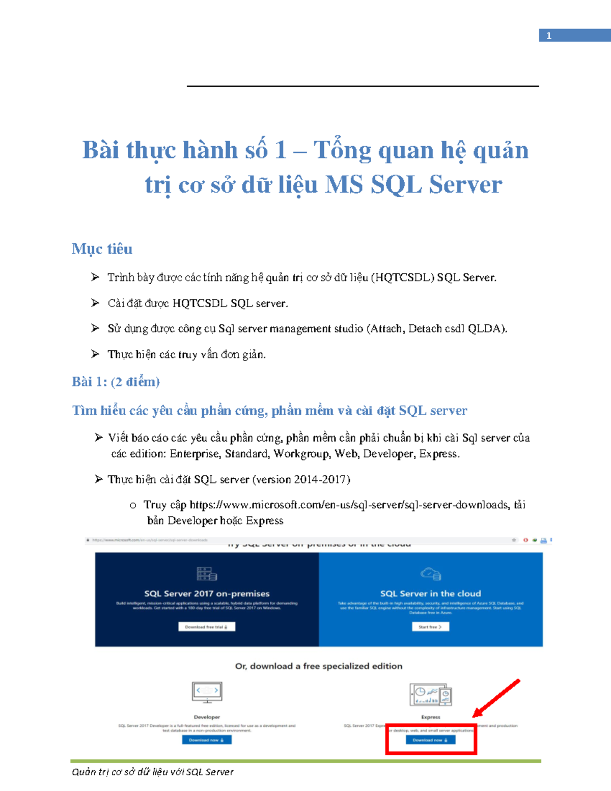 Lab 1 - Bài thực hành số 1 – Tổng quan hệ quản trị cơ sở dữ liệu MS SQL ...