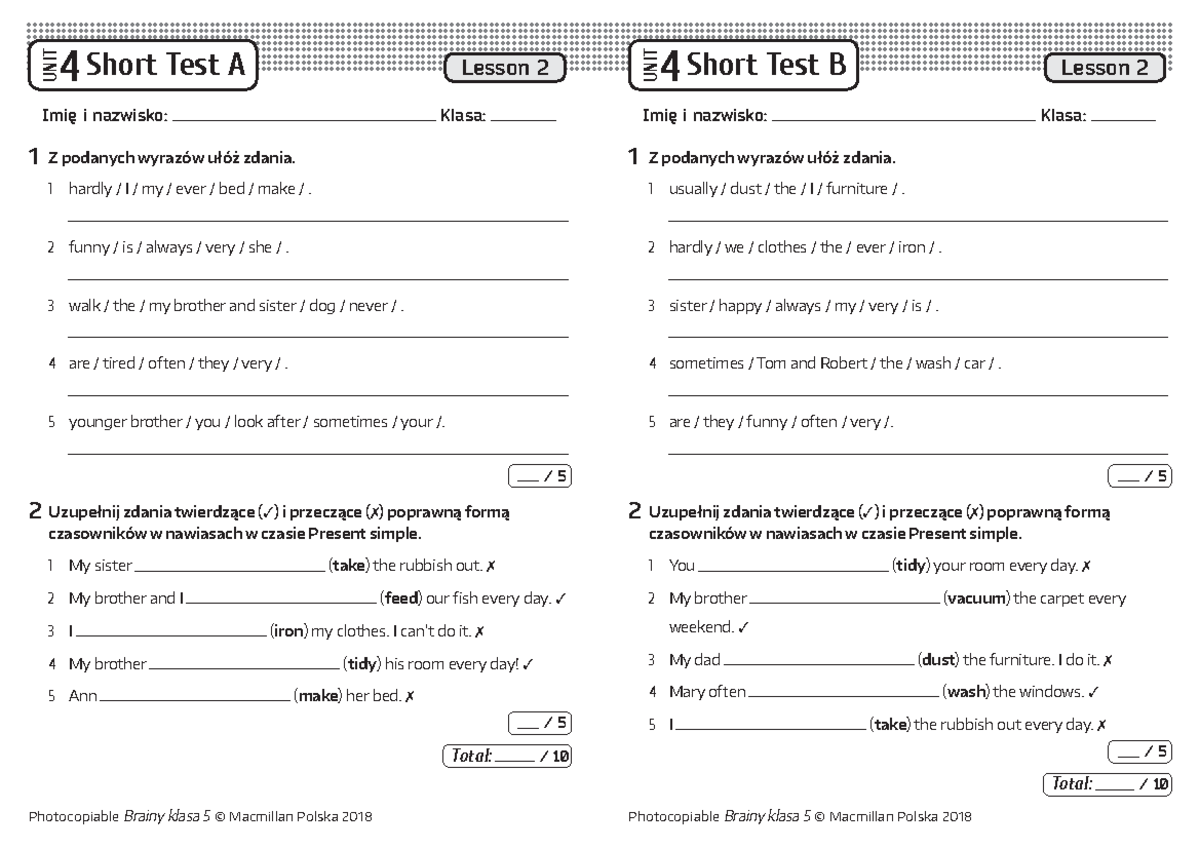 Brainy kl5 Unit 4 Lesson 2 Short Tests A & B Overview - Studocu