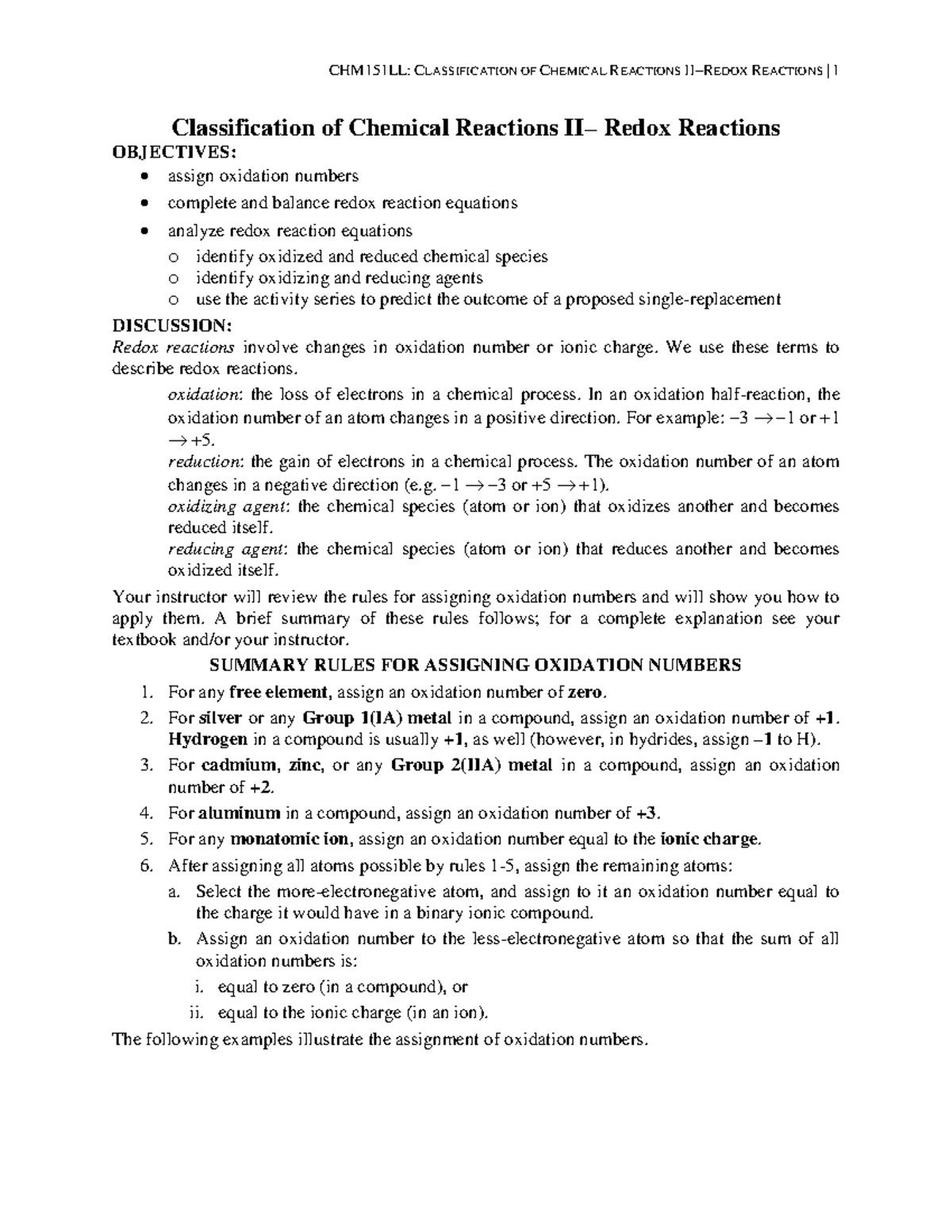 CHM151LL: Redox Reactions Classification and Analysis Lab Notes - Studocu