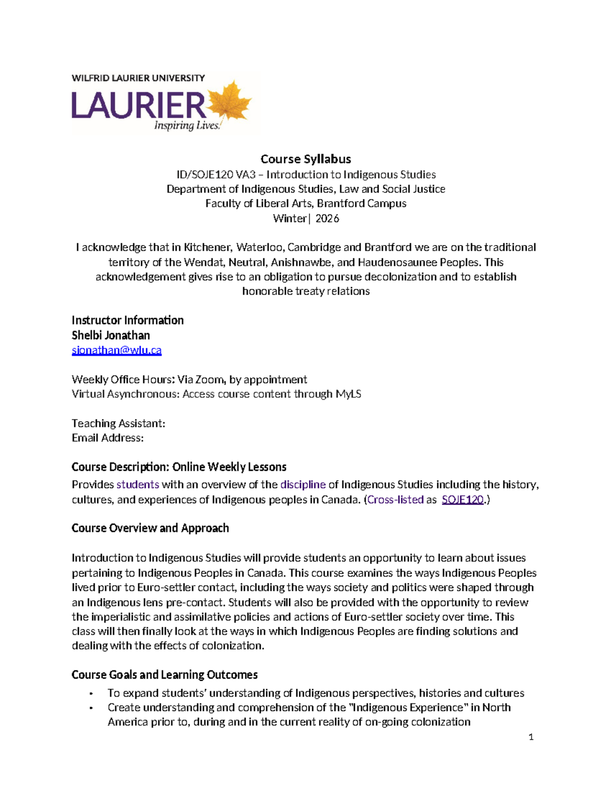 SOJE120 Course Syllabus: Introduction to Indigenous Studies Winter 2026 ...