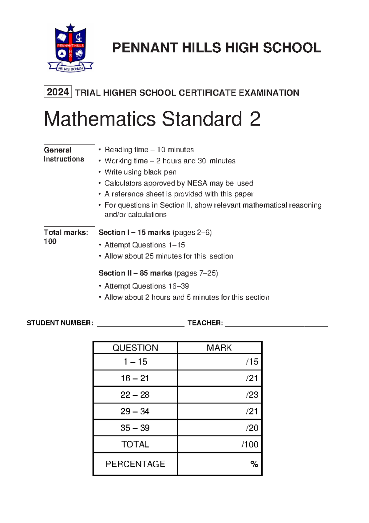 2024 PHHS Mathematics Standard 2 Trial Examination Document - Studocu