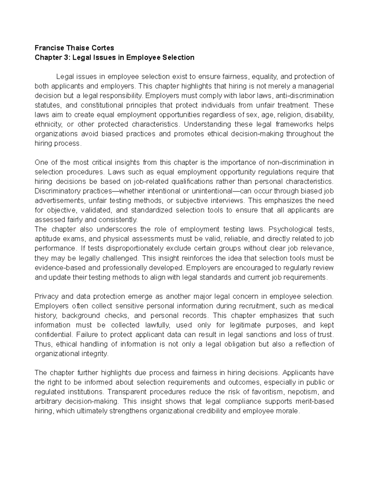 Francise Thaise Cortes Chapter 3 & 5: Legal Aspects of Employee ...
