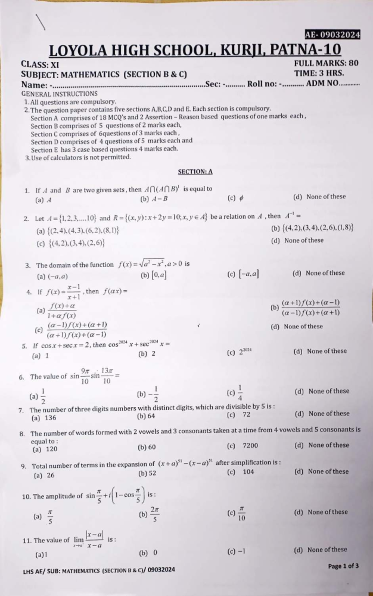 09032024 MATHEMATICS CLASS XI FINAL EXAM QUESTION PAPER - Studocu