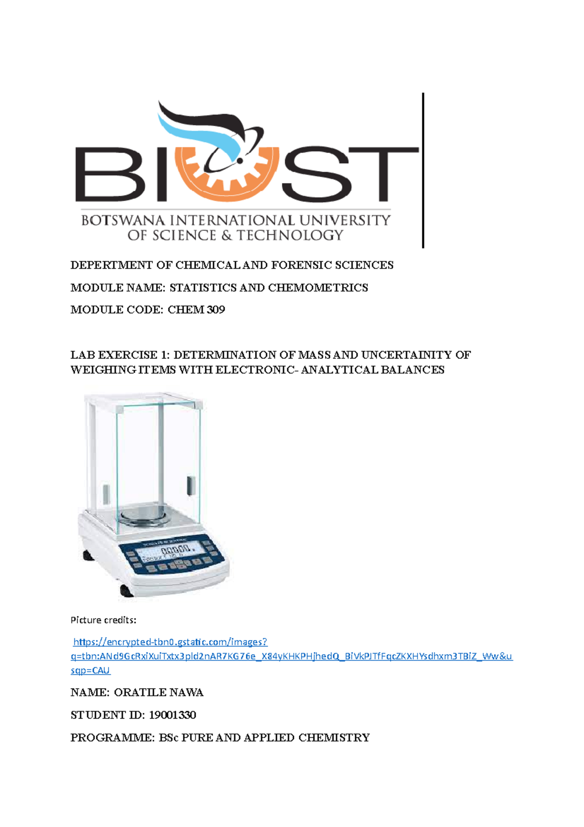 CHEM 309 - Lab Exercise 1: Mass & Uncertainty with Analytical Balances ...