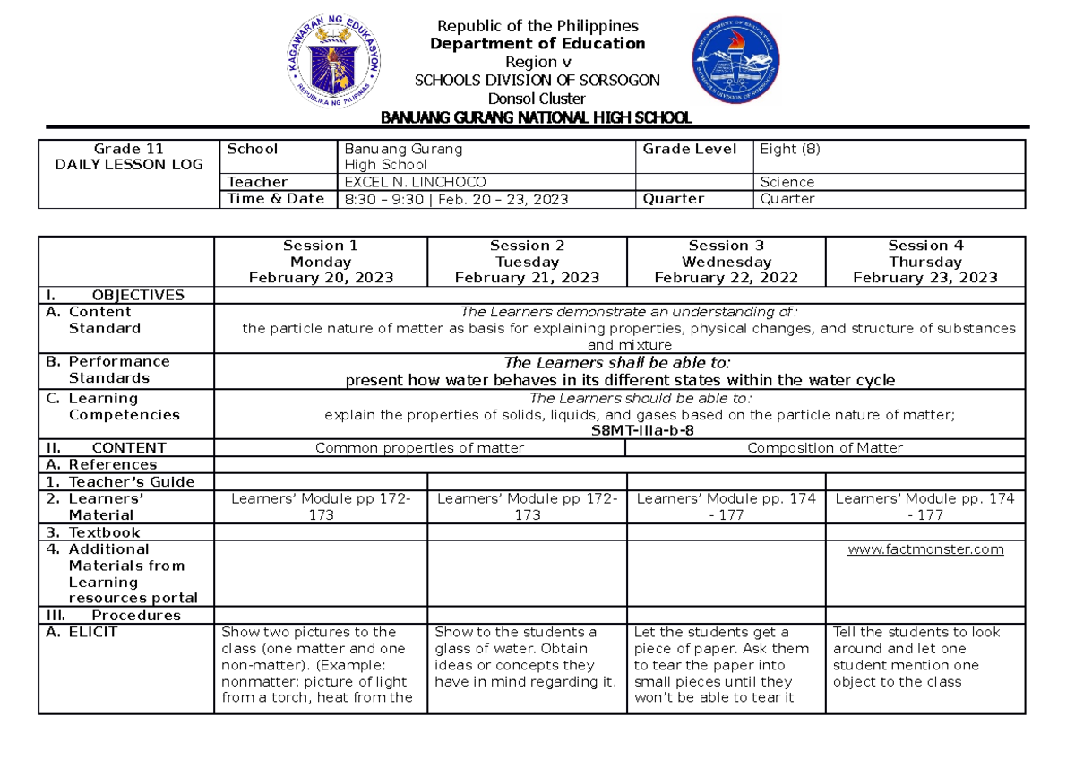 Daily Lesson Log for Science 8 - Q3 Week 1: Understanding Matter - Studocu