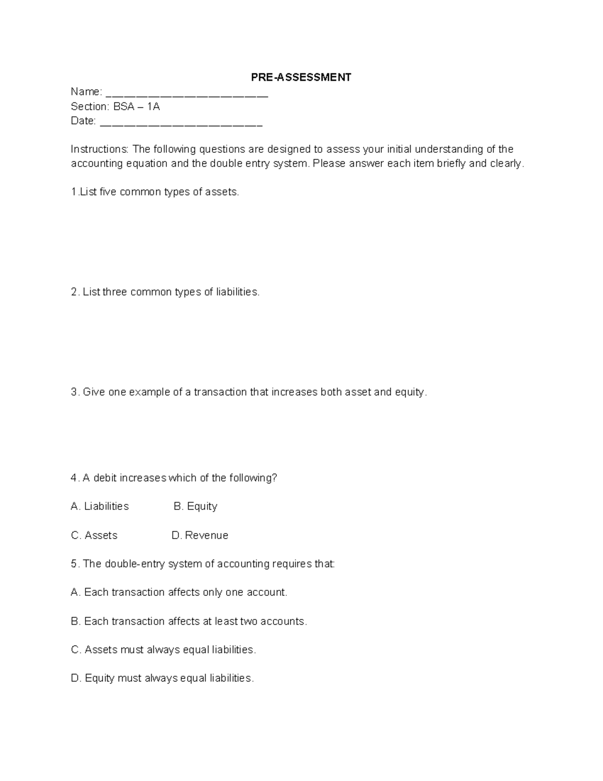 BSA 1A: Basic Accounting Concepts & Test Questions - Studocu