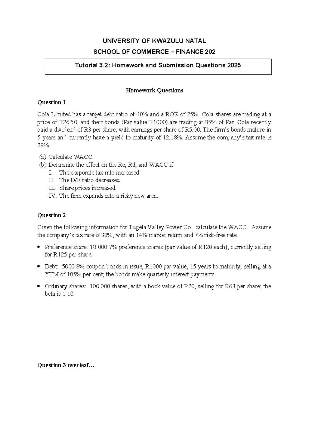 FINA202 - Tutorial 3.2: WACC Calculations and Homework Questions - Studocu