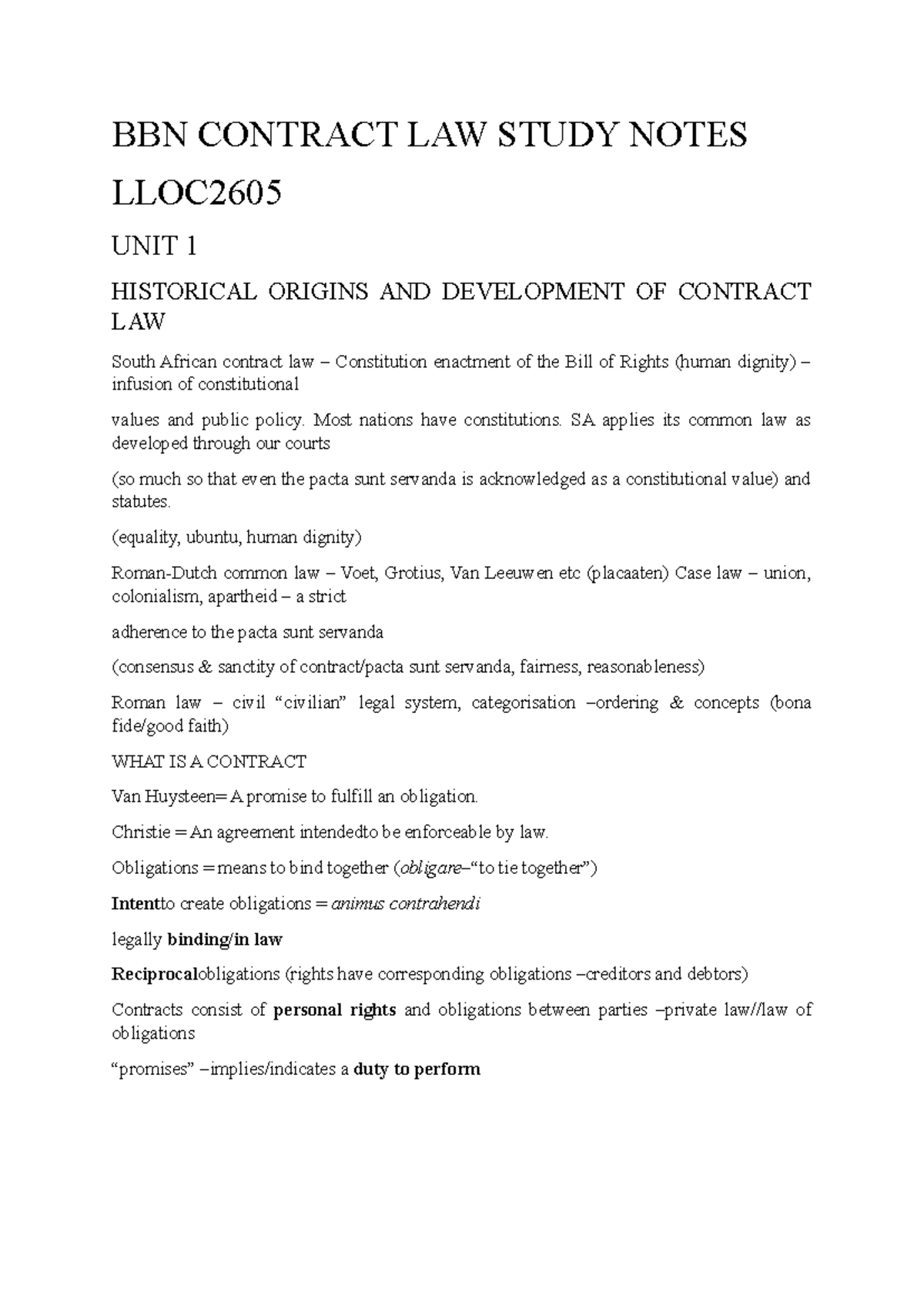 BBN CONTRACT LAW STUDY NOTES LLOC2605 UNIT 1: HISTORICAL ORIGINS AND ...